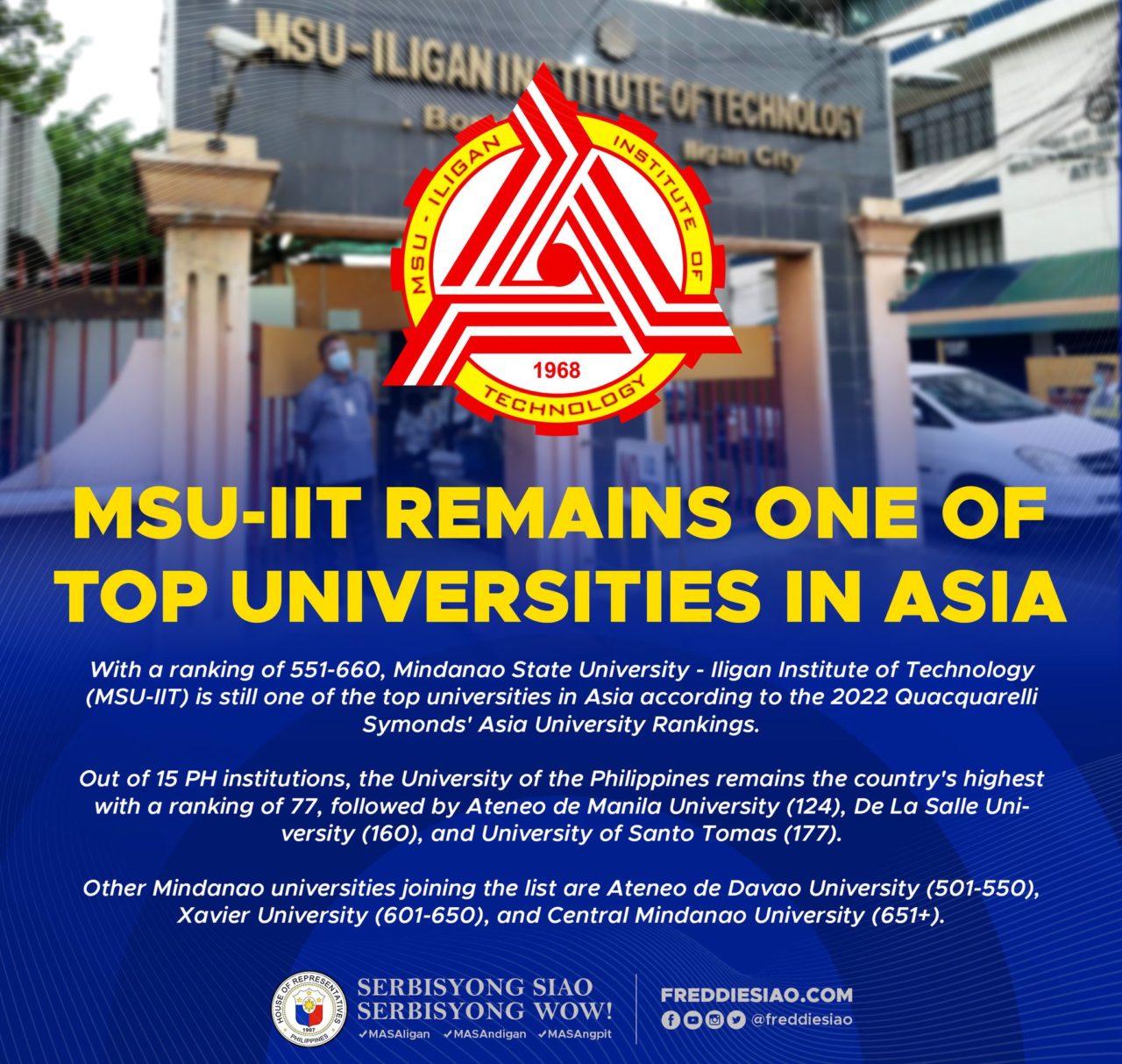 MSU-IIT REMAINS ONE OF TOP UNIVERSITIES IN ASIA | Congressman Freddie Siao